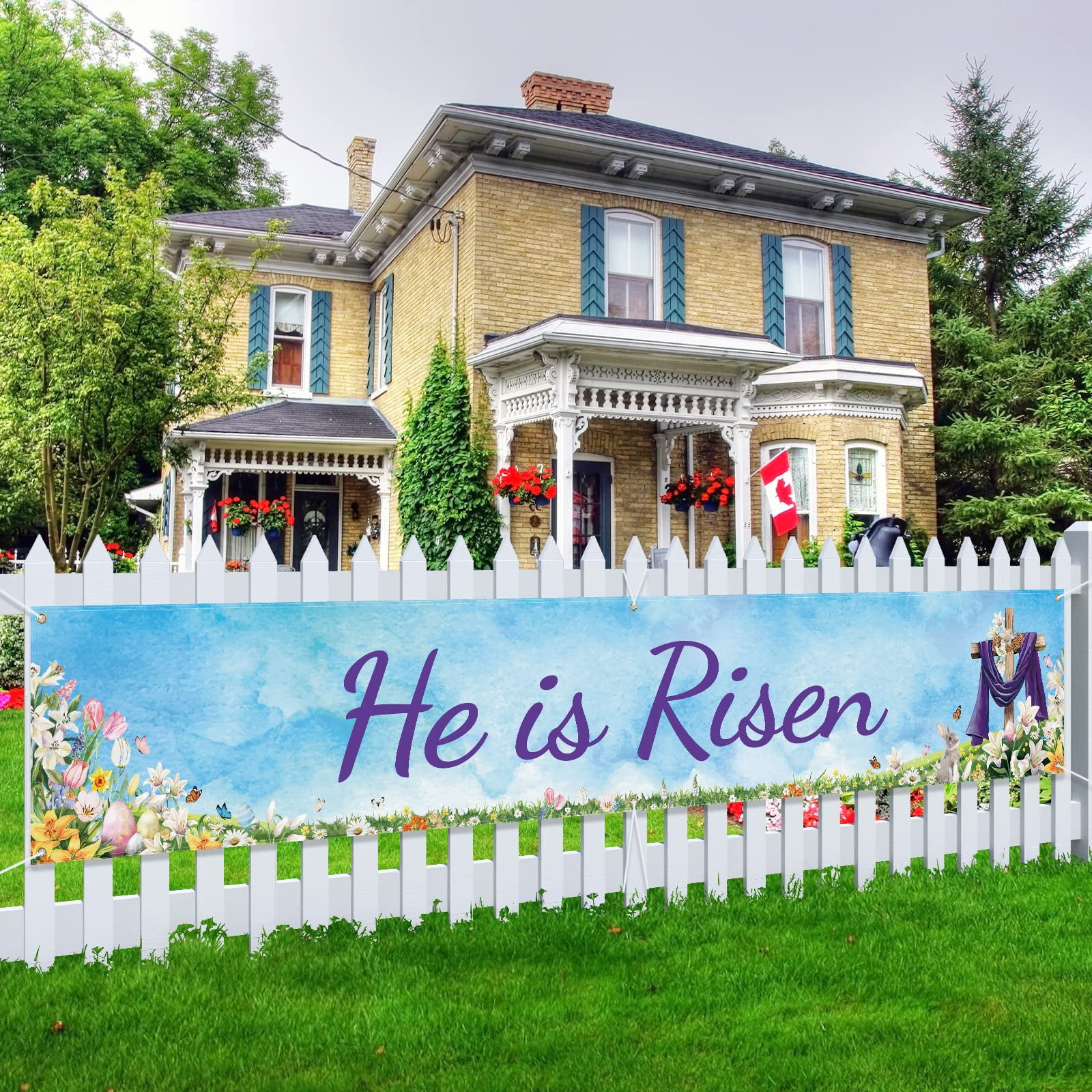 He Is Risen Banner Happy Easter Spring Banners Floral Bunny Easter ...