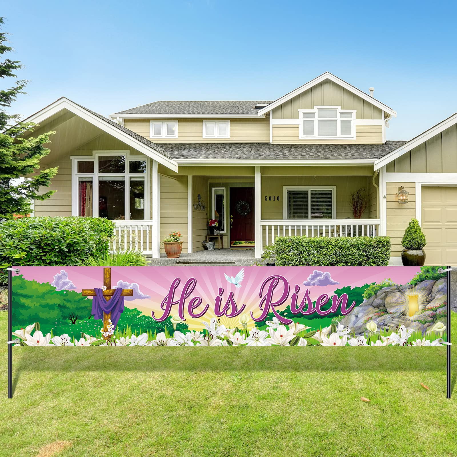 He Is Risen Banner Happy Easter Spring Banners Floral Bunny Easter ...