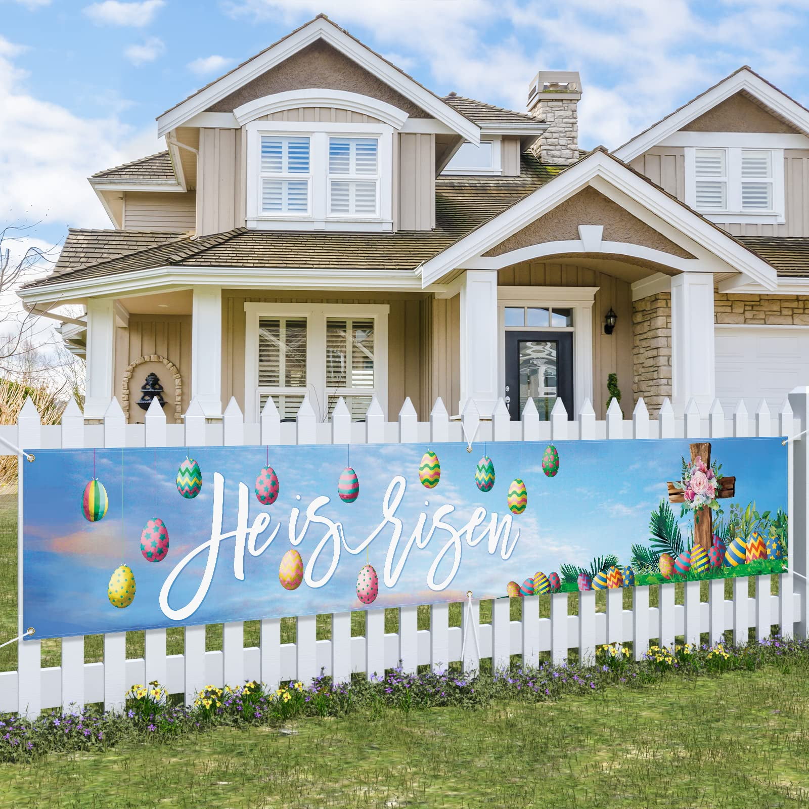 He Is Risen Banner Happy Easter Spring Banners Floral Bunny Easter ...