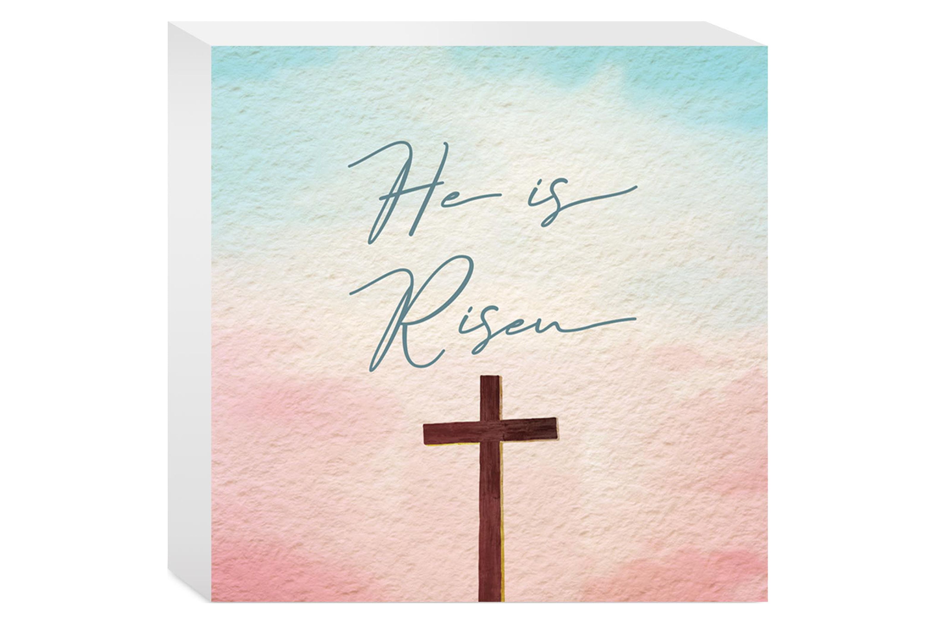 He Is Risen Cross Pink Fade Blue 5 x 5 Wood Tabletop Sign Plaque ...