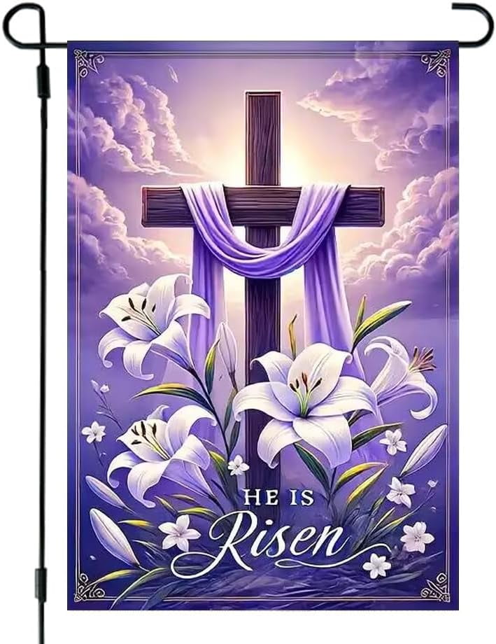 He Is Risen Easter Garden Flag - 12x18" Double-Sided Burlap Flowers ...