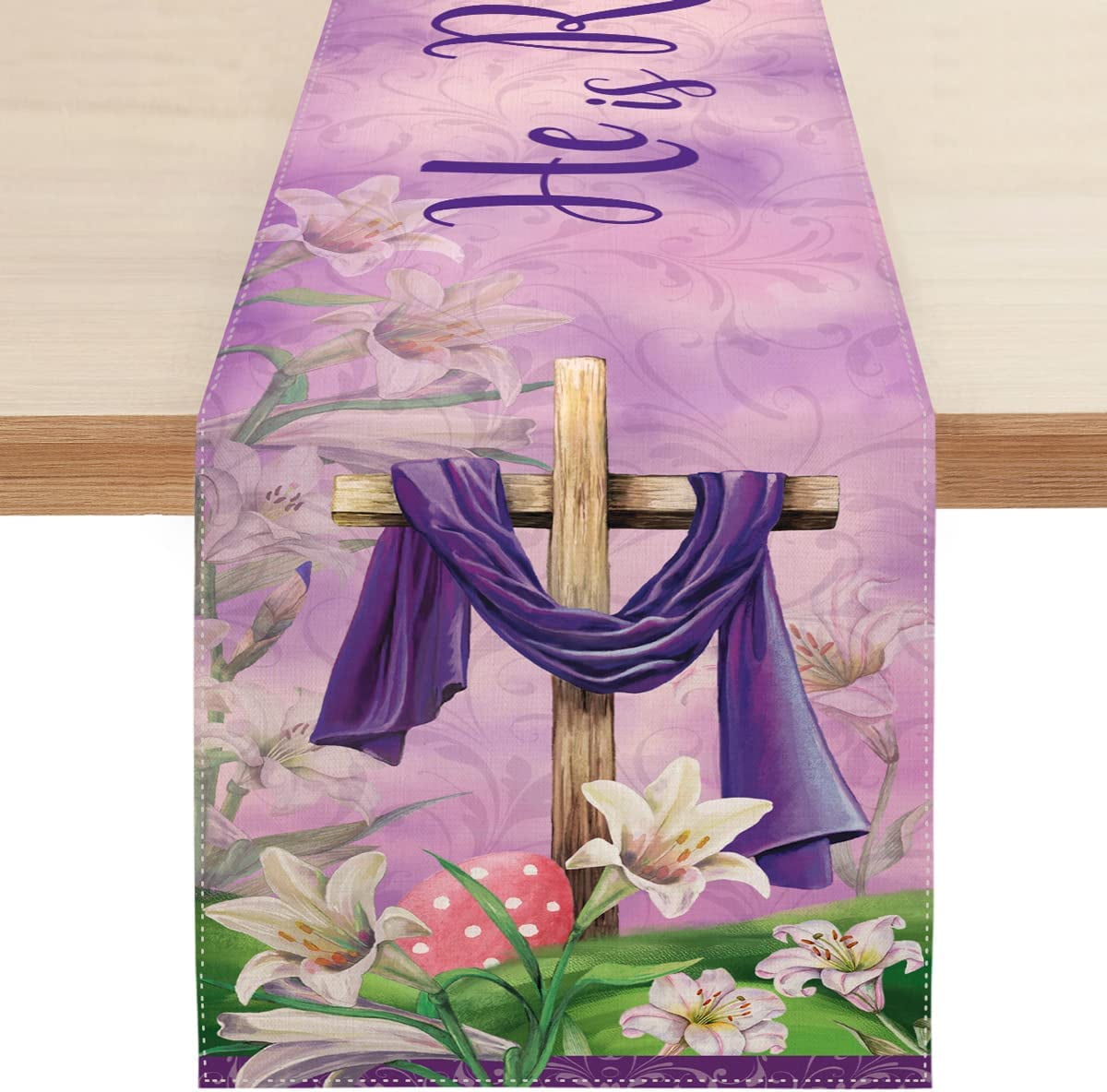He Is Risen Easter Linen Table Runner Spring Easter Egg Lily Floral ...