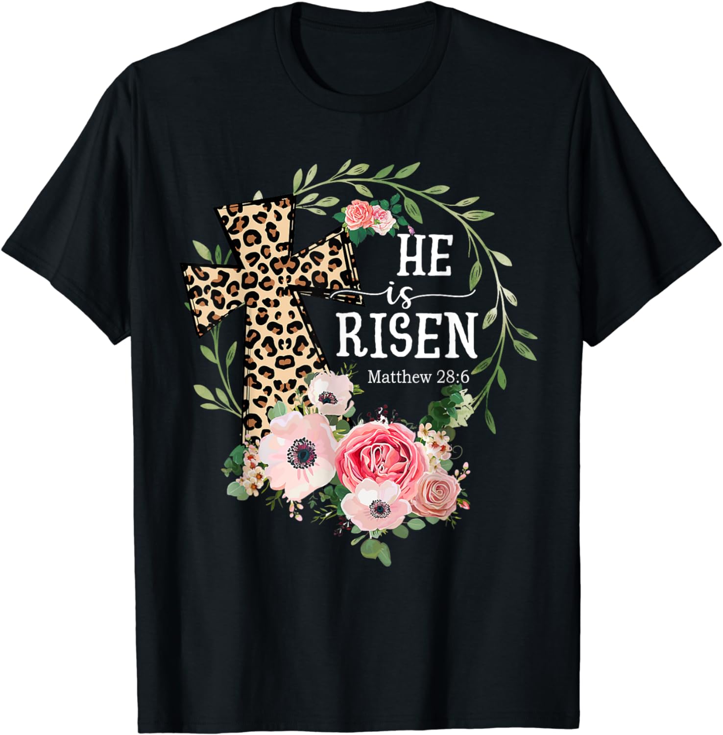 He Is Risen Happy Easter Day Jesus Leopard Christian Cross T-Shirt ...