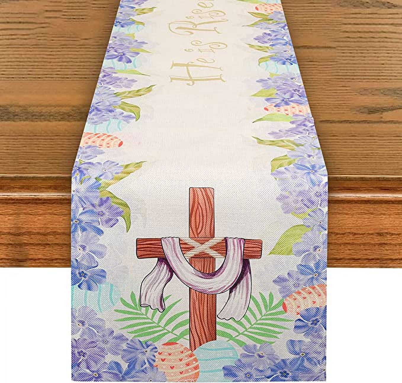 He Is Risen Table Runner Easter Christian Cross Lily Flowers ...