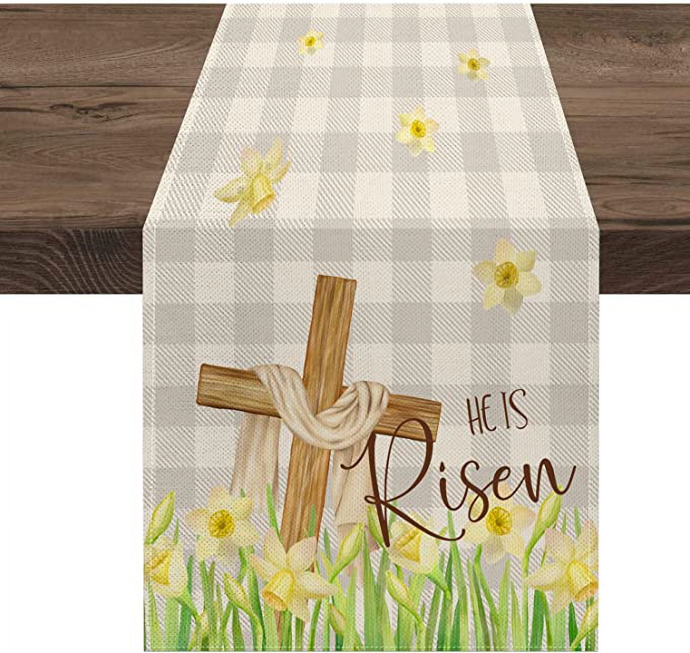 He Is Risen Table Runner Easter Christian Cross Lily Flowers ...