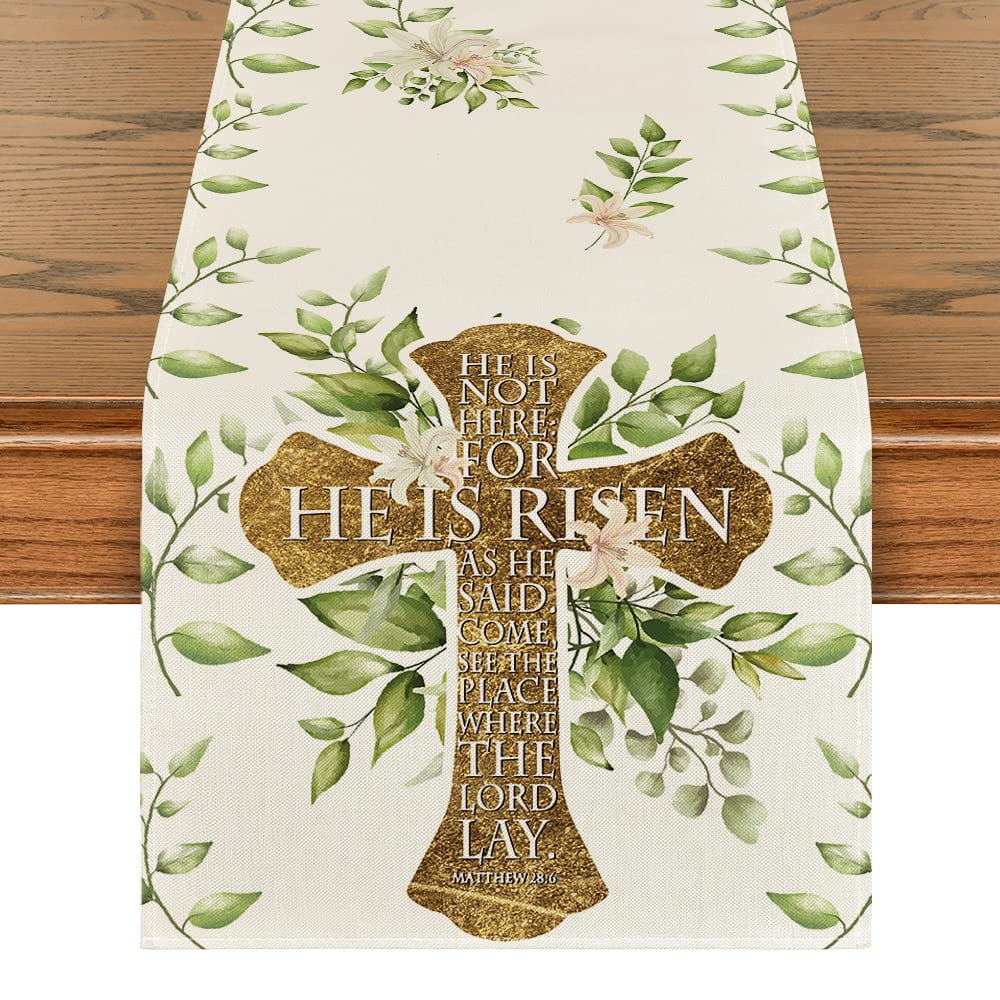 He Is Risen Table Runner Easter Christian Cross Resurrection Lily ...