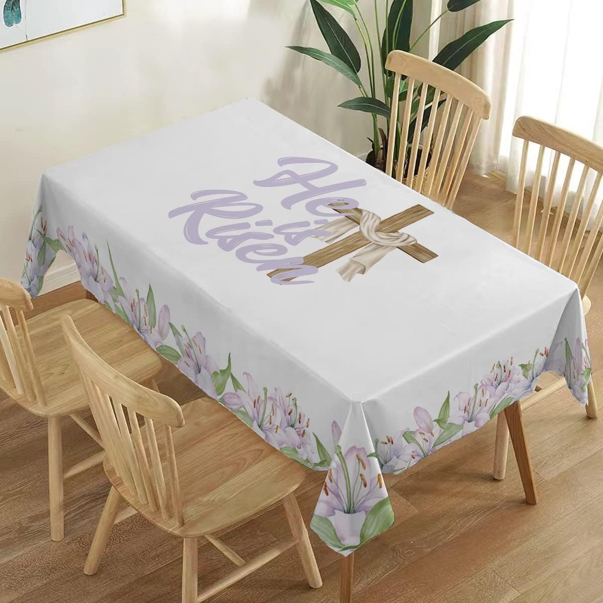He Is Risen Tablecloth Easter Spring Holiday r Christian Cross Flower ...