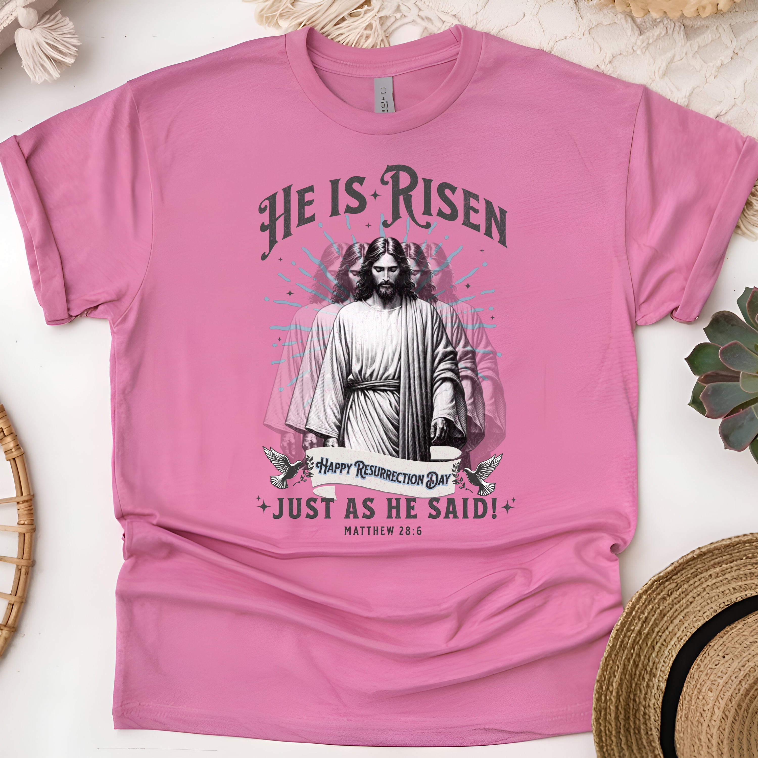 He Is Risen Tee – Just As He Said Shirt with Jesus Illustration, Bible Verse Design, Heliconia ...