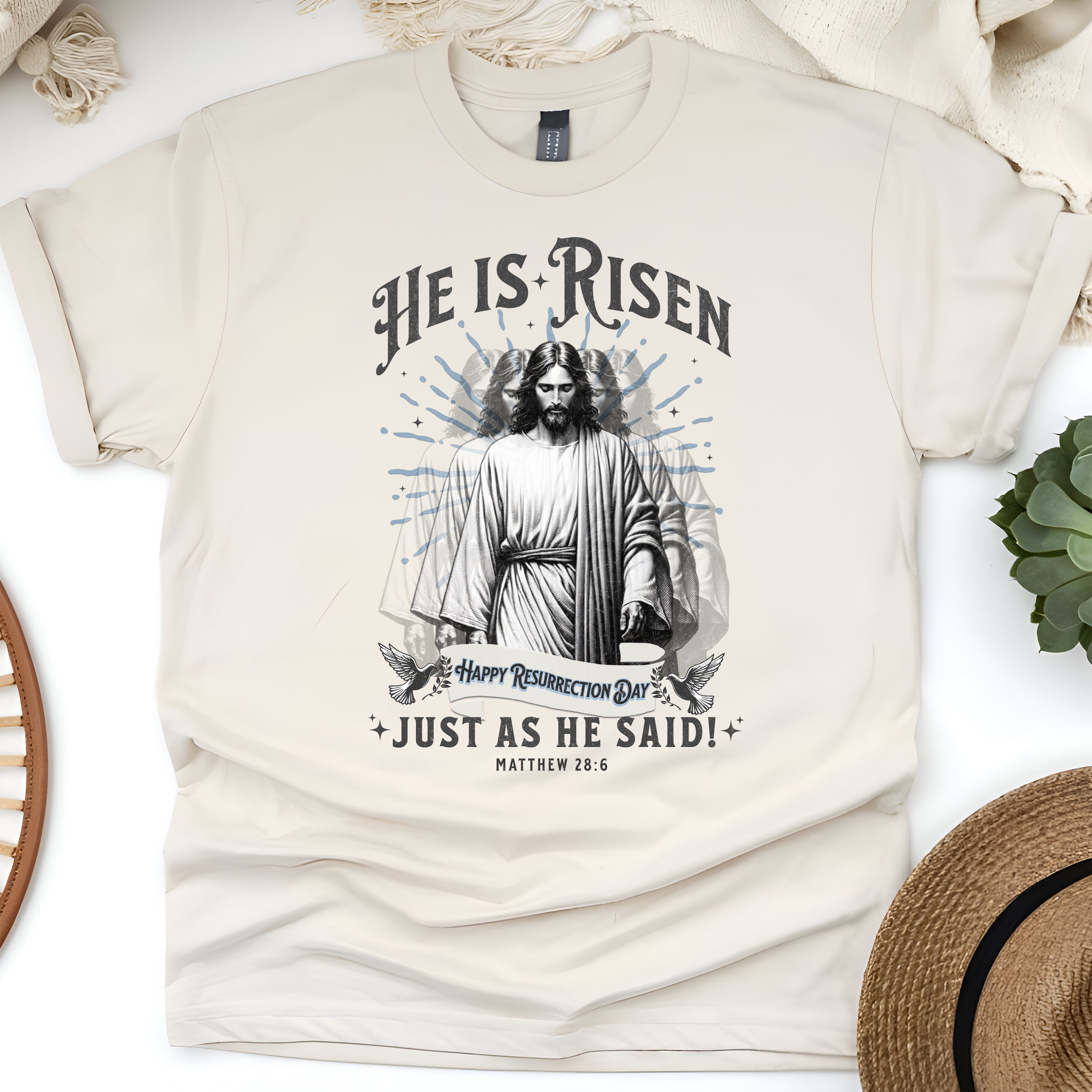 He Is Risen Tee – Just As He Said Shirt with Jesus Illustration, Bible Verse Design, Natural ...
