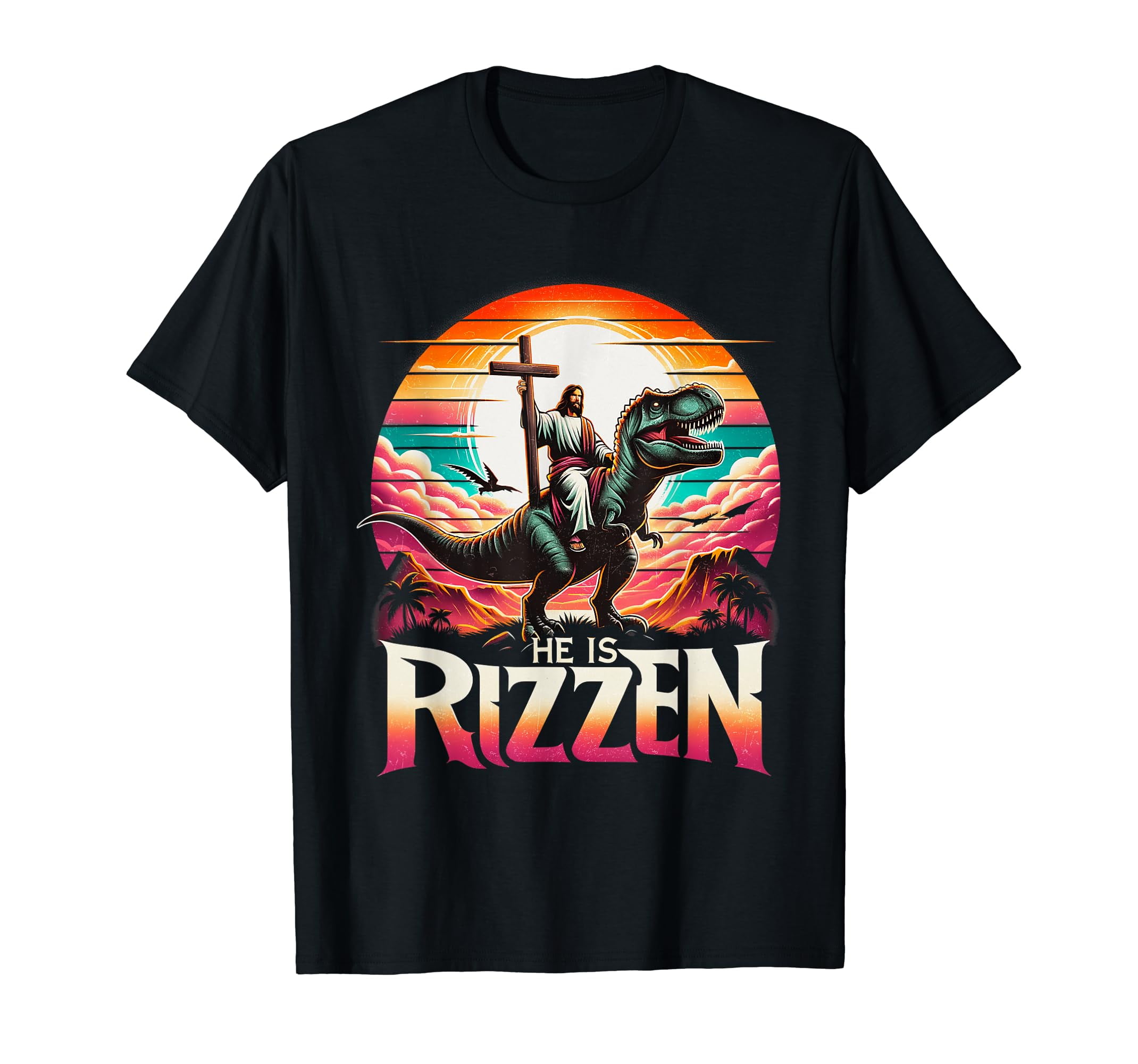 He Is Rizzen Jesus Has Rizzen Retro Christian Dinosaur T-Shirt ...