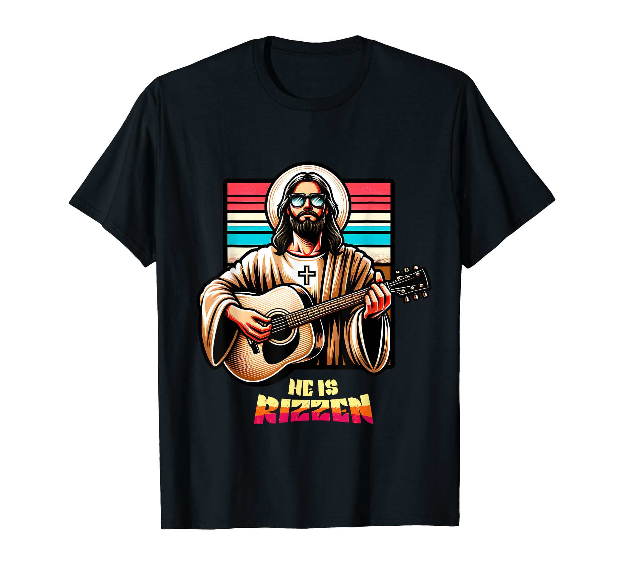 He Is Rizzen Jesus Retro Christian Wear Sunglass Play Guitar T-Shirt ...