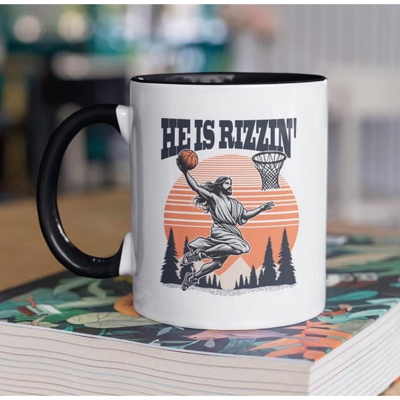 He Is Rizzin Coffee Mug, Funny Easter Gift, Jesus Playing Basketball ...