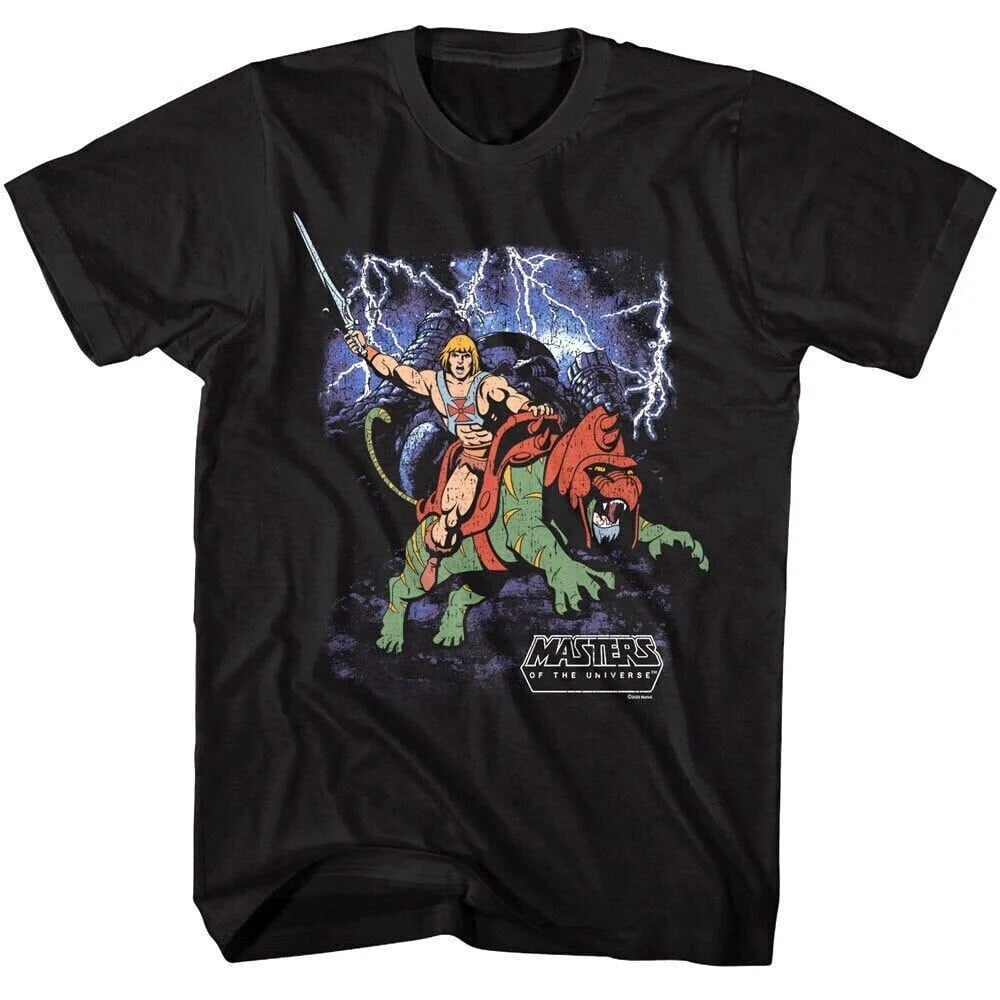 He-Man T Shirt Charging on Battlecat Castle Grayskull Masters Tees ...
