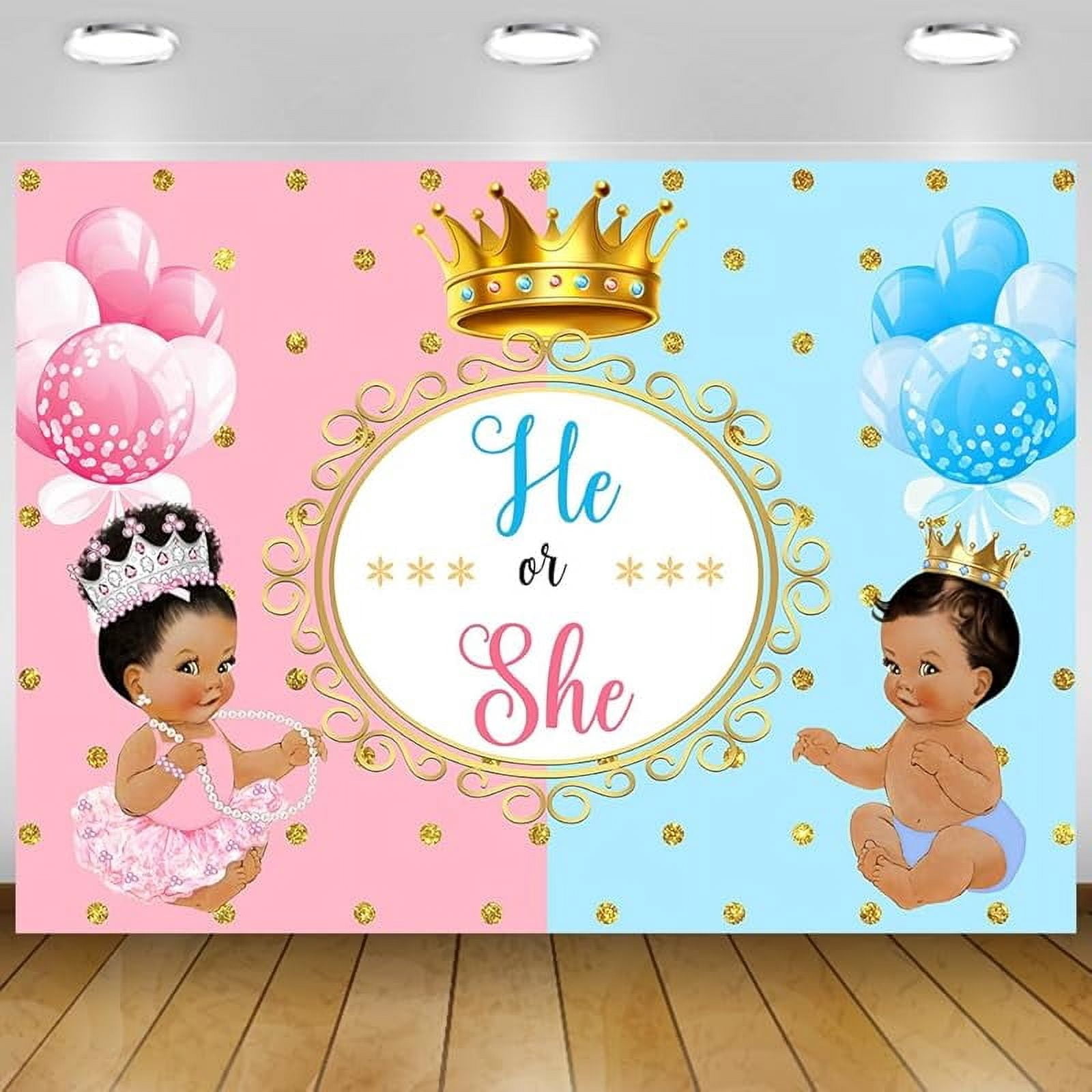 He Or She Gender Reveal Backdrop Golden Crown Photography Background ...