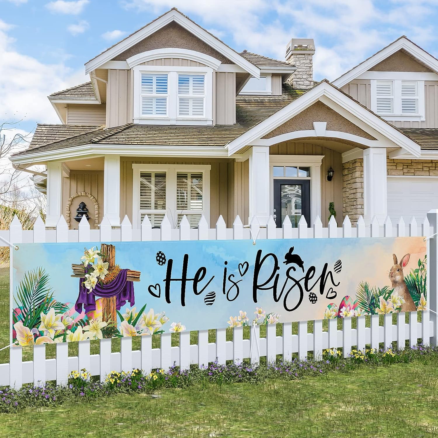 He is Risen Banner Happy Easter Banner Decorations Welcome Bunny Cross ...