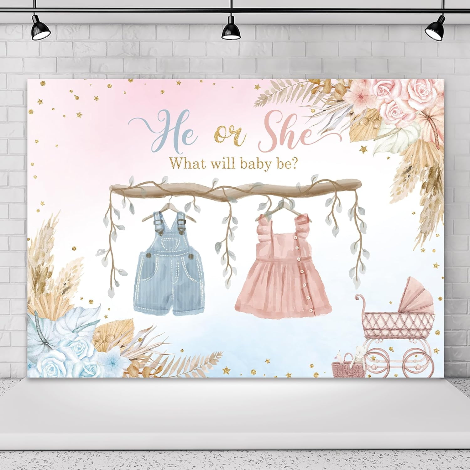 He or She Boho Gender Reveal Backdrop for Photography Baby Shower Pink ...