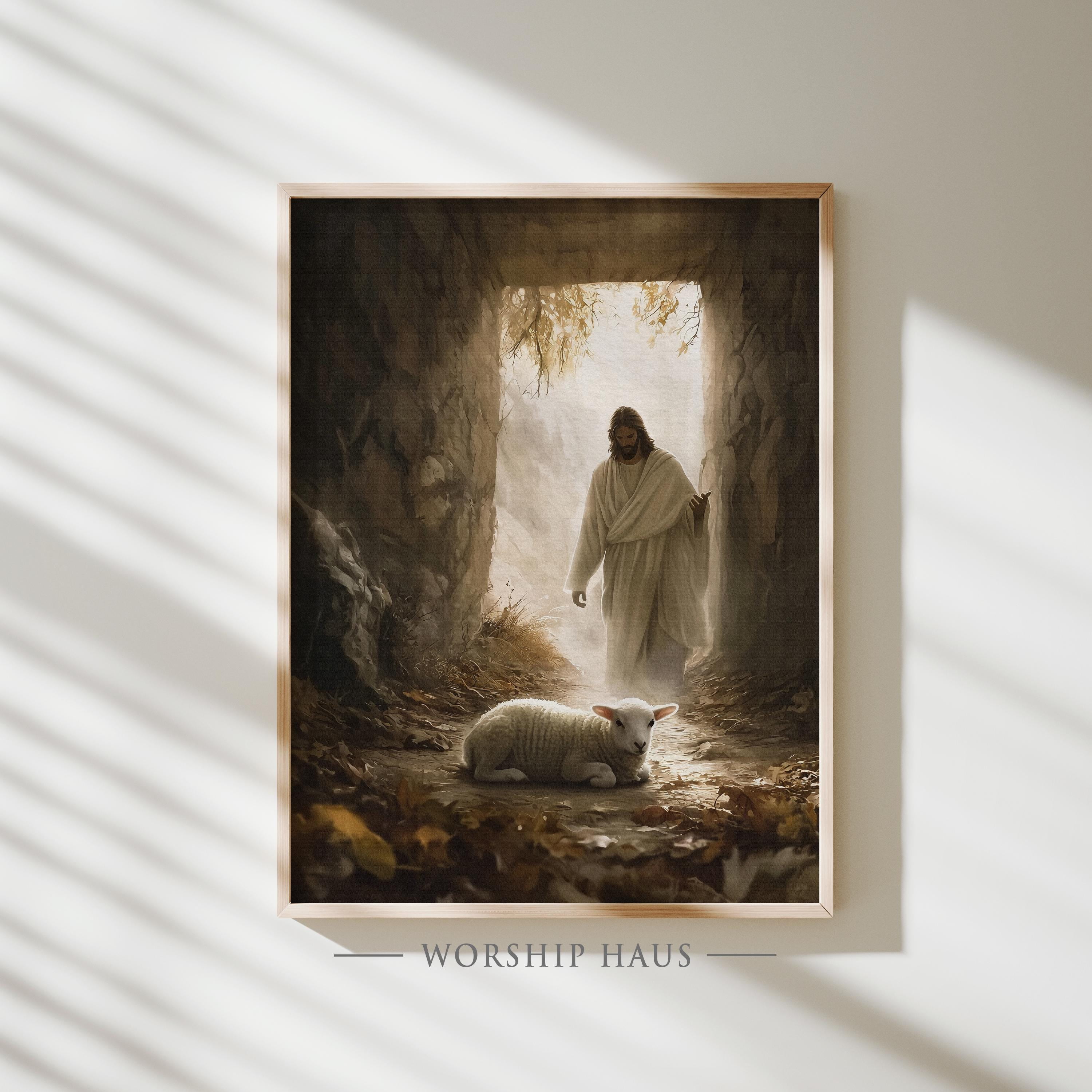 He Will Gather The Lambs In His Arms Christian Jesus With Sheep Scene ...