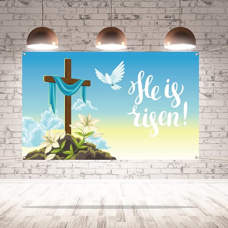 He is Risen Backdrop Banner Easter Christian Cross Lily Religious ...