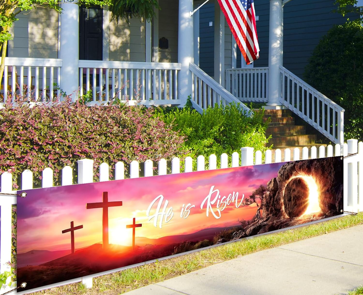 He is Risen Fence Banner Christian Cross Resurrection Easter Holy Week ...