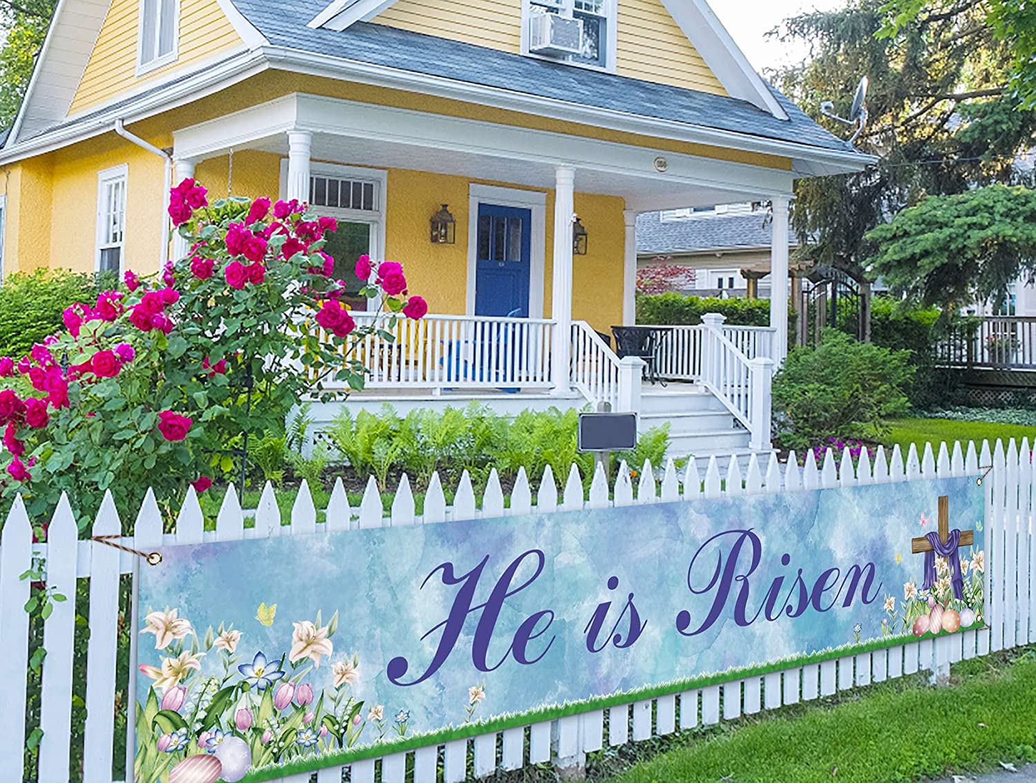 He is Risen Fence Banner Easter Christian Cross Lily Eggs Religious ...