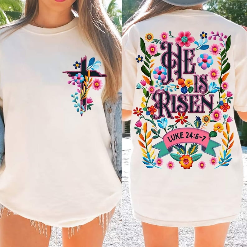 He is Risen Matthew 28 6, Retro Easter Christian Cross Floral Bible ...