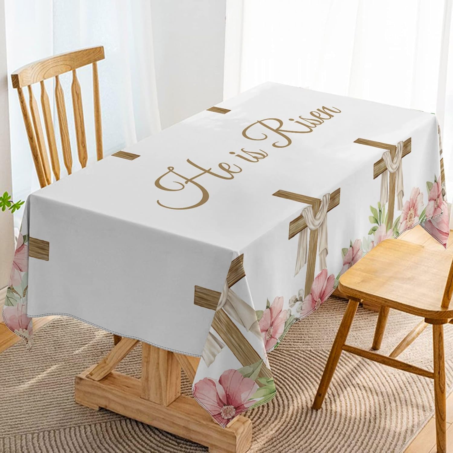 He is Risen Tablecloth Easter Christian Cross Spring Holiday Decoration ...
