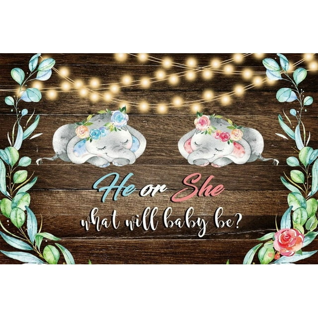 He or She Gender Reveal Backdrop Wood Board Pink Blue Bow Tie Flower ...