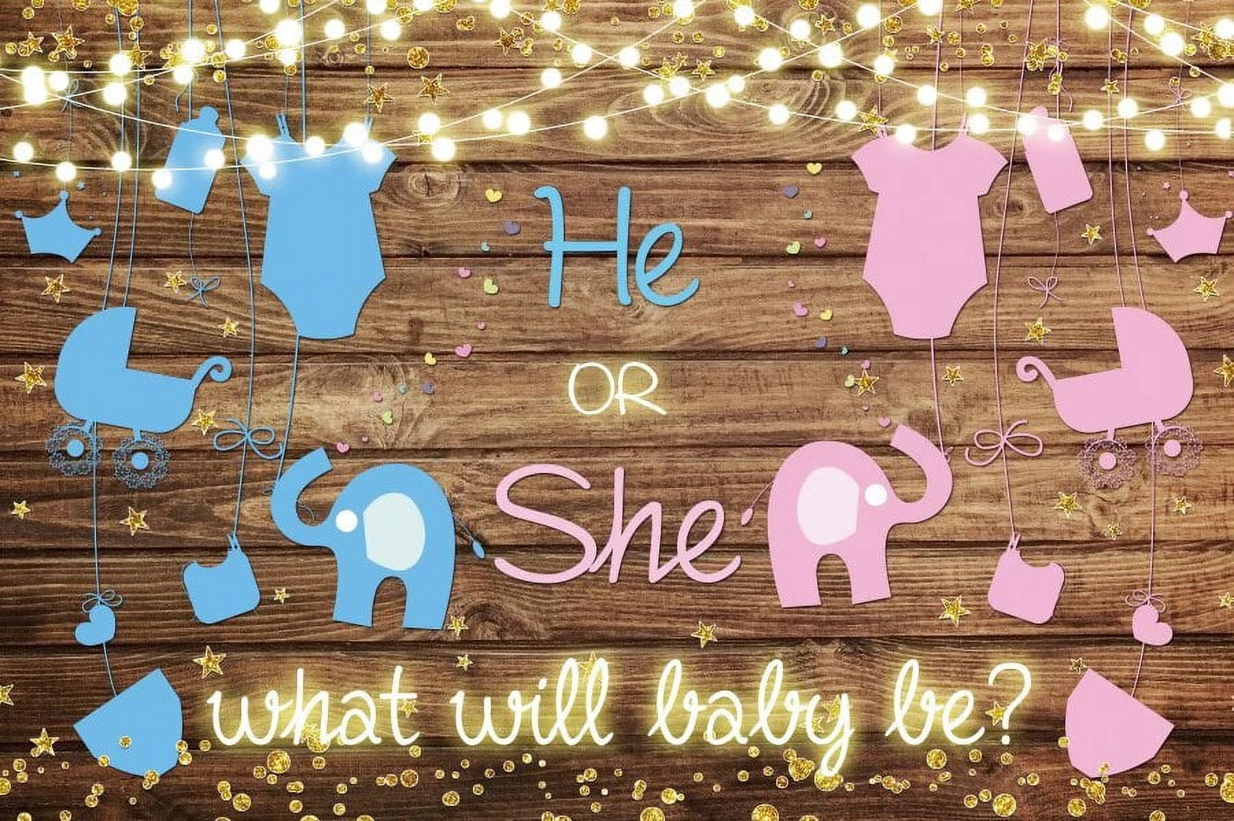 He or She Gender Reveal Backdrop Wood Board Pink Blue Bow Tie Flower ...