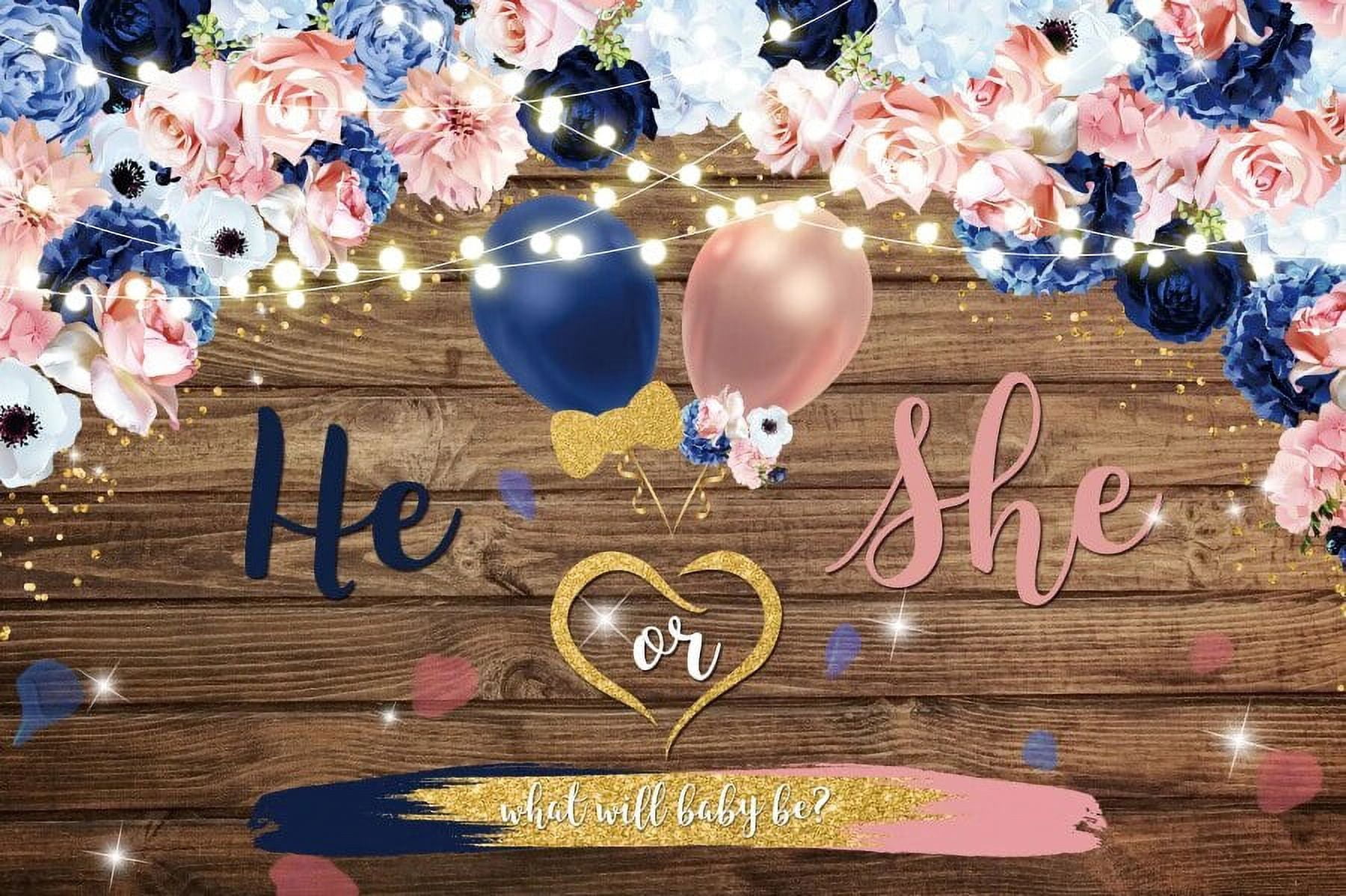 He or She Gender Reveal Backdrop Wood Board Pink Blue Bow Tie Flower ...
