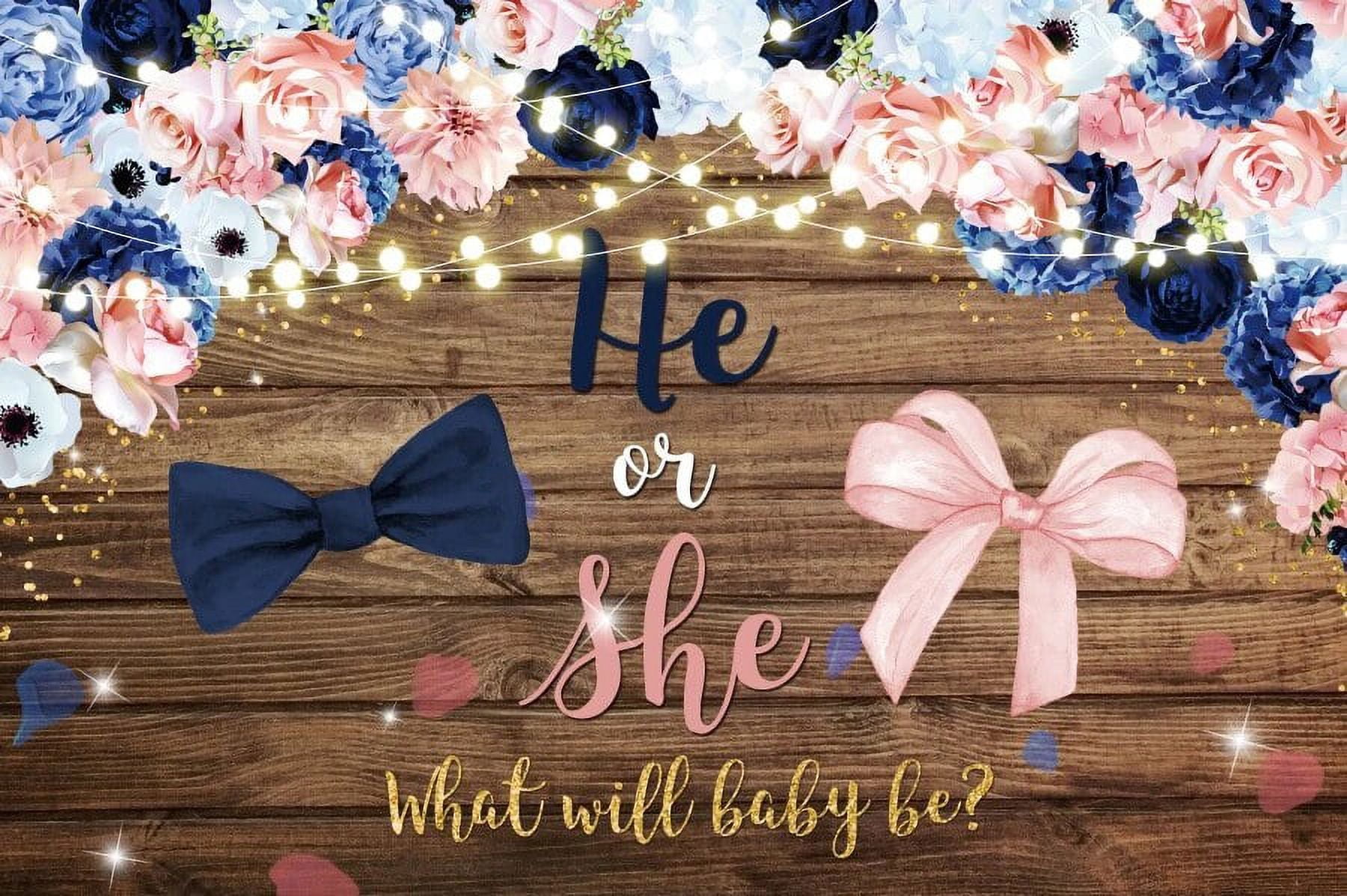 He or She Gender Reveal Backdrop Wood Board Pink Blue Bow Tie Flower ...
