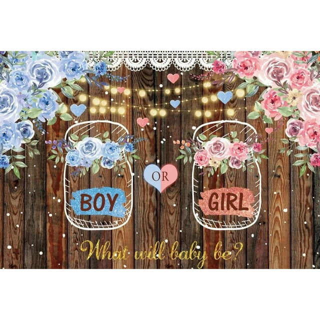 He or She Gender Reveal Backdrop Wood Board Pink Blue Bow Tie Flower ...