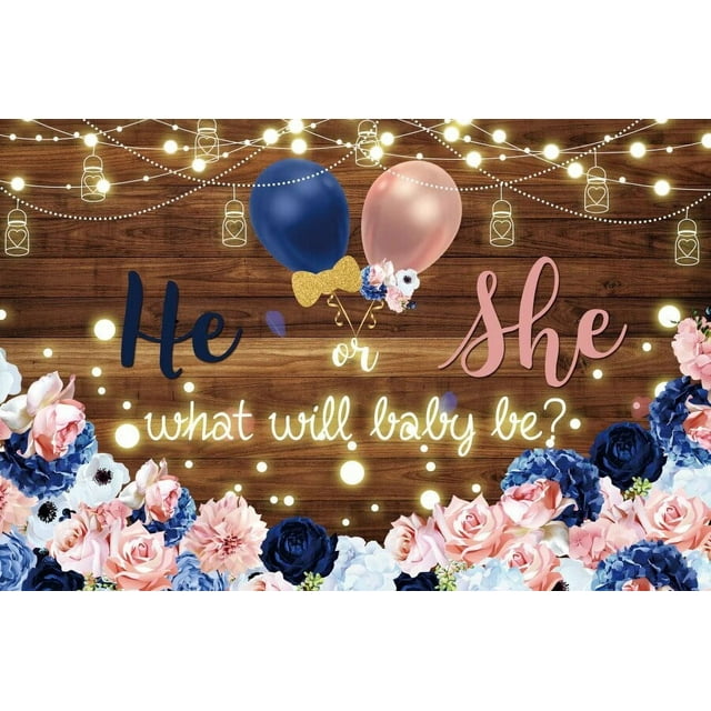 He or She Gender Reveal Backdrop Wood Board Pink Blue Bow Tie Flower ...