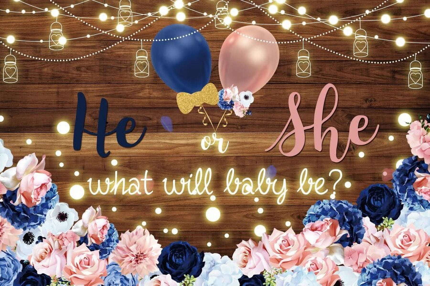 He or She Gender Reveal Backdrop Wood Board Pink Blue Bow Tie Flower ...