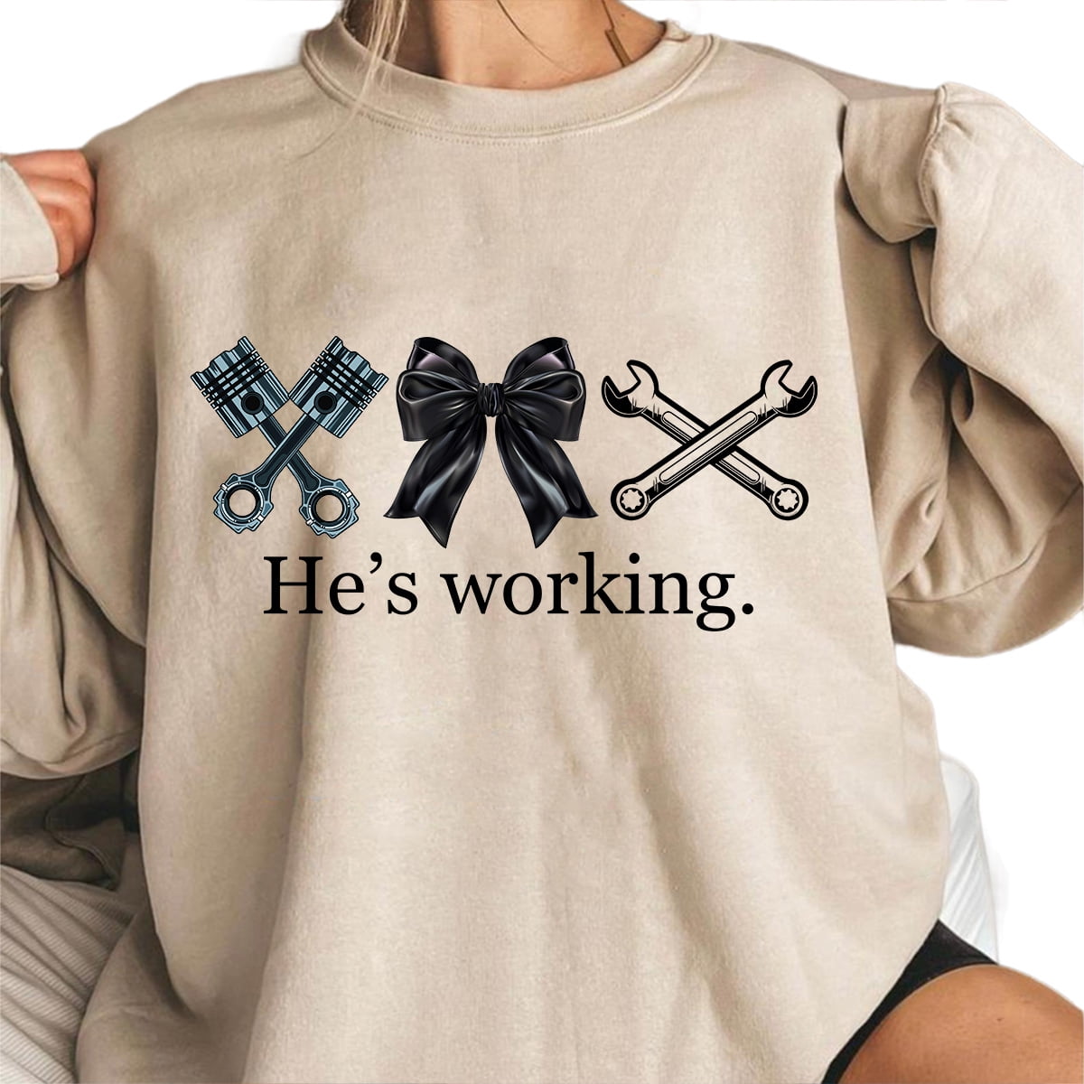 He’s Working Mechanic Sweatshirt – Funny Coquette Bow Graphic Pullover ...