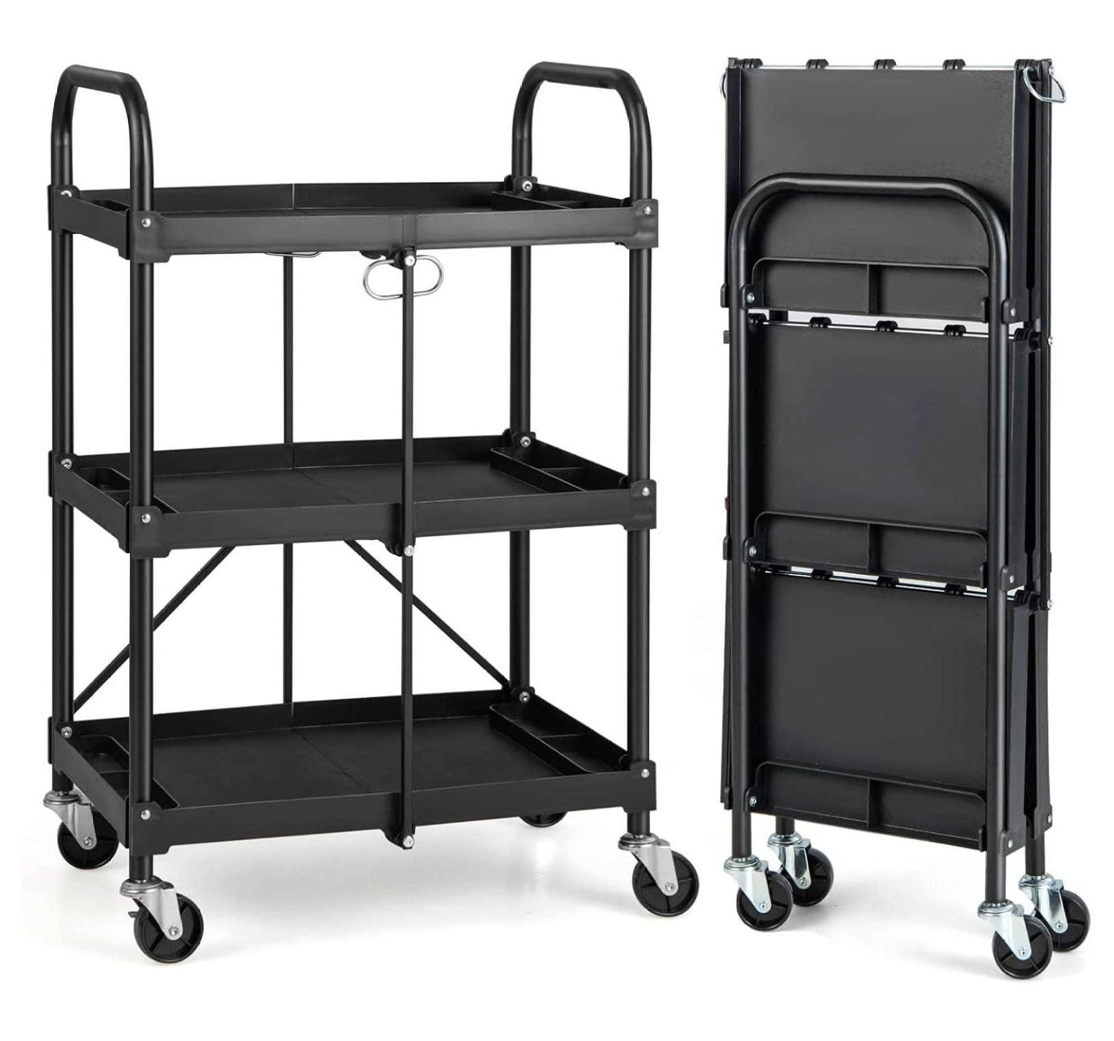 HeSLehs Folding Tool Cart on Wheels, Heavy Duty 3 Tier Foldable Utility ...