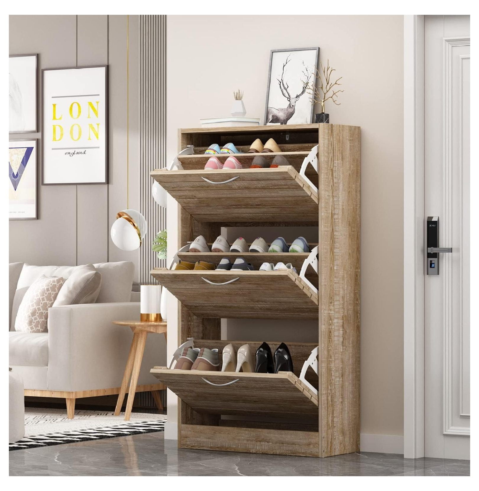 HeSLehs Wood Shoe Cabinet, Narrow Shoe Storage Cabinet with 3 Drawer ...