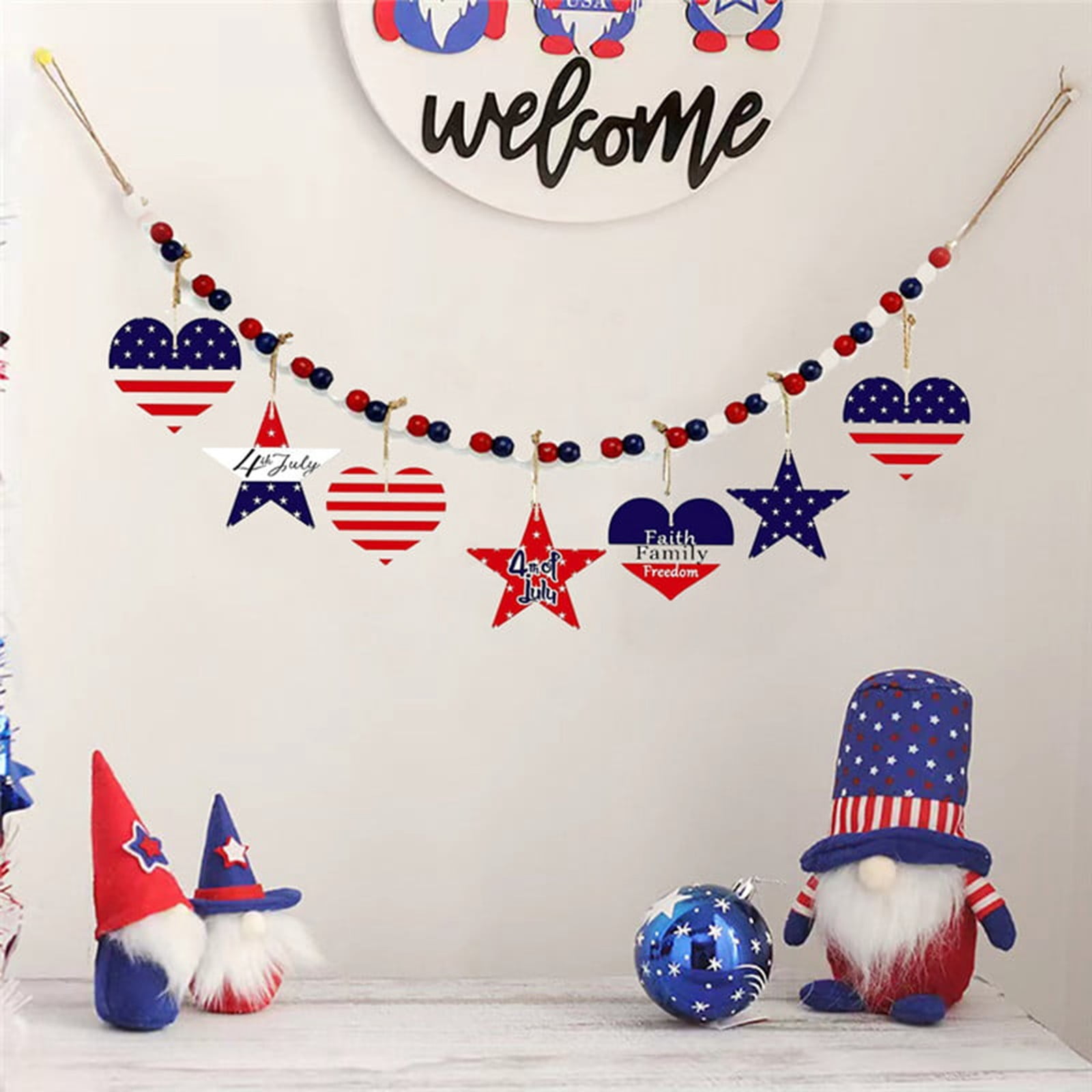 HeaCare 4th of July Wooden Decorations 45 Inch Beads Pendant Patriotic Gnomes Long Hat Faceless ...