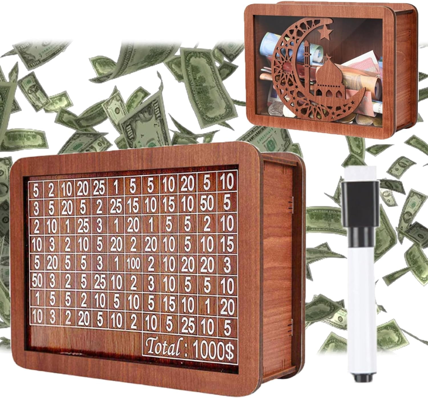 HeaCare Cash Vault Wooden Savings Box, Cash Box Savings, Piggy Bank for ...