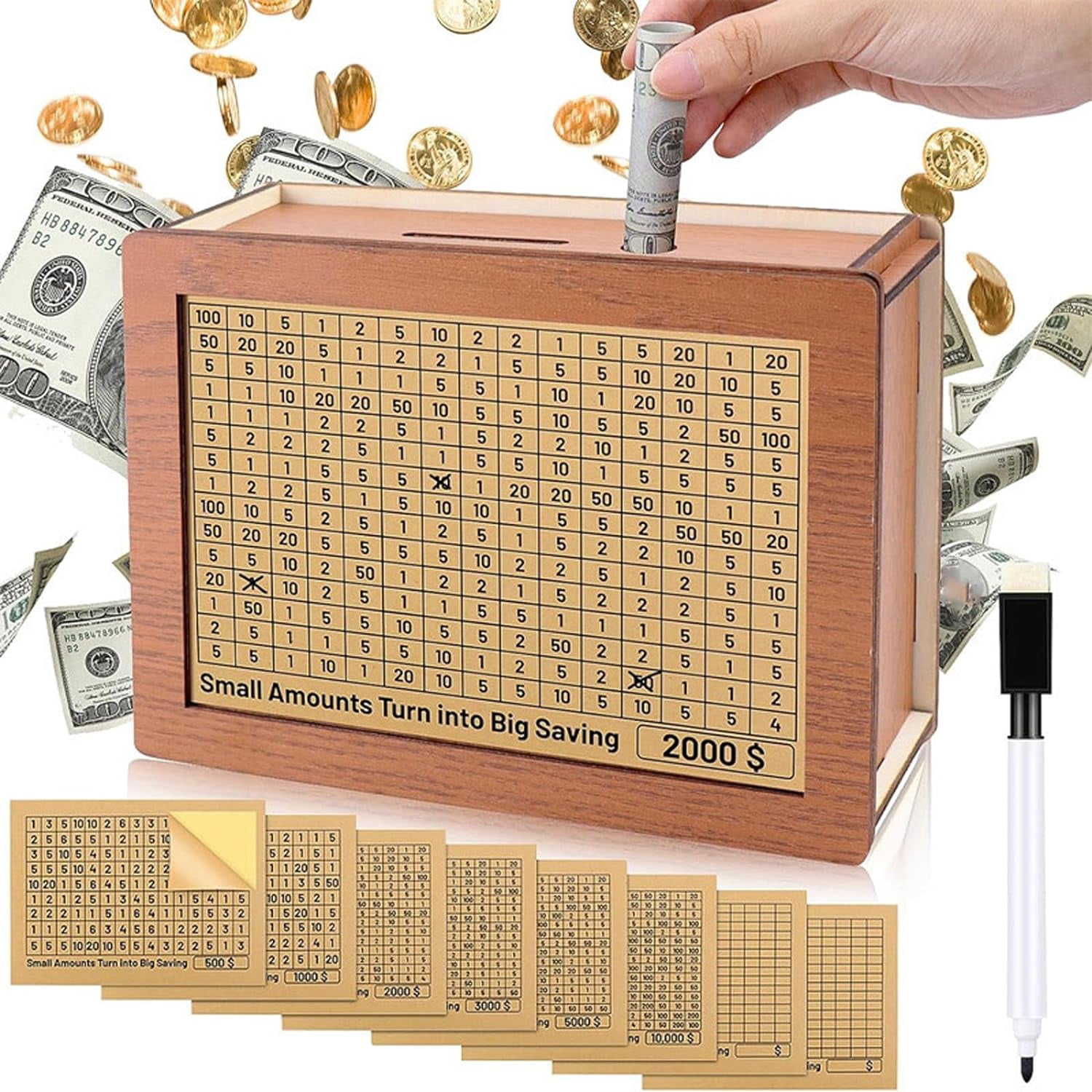 HeaCare Cash Vault Wooden Savings Box - Wooden Money Box with Money ...