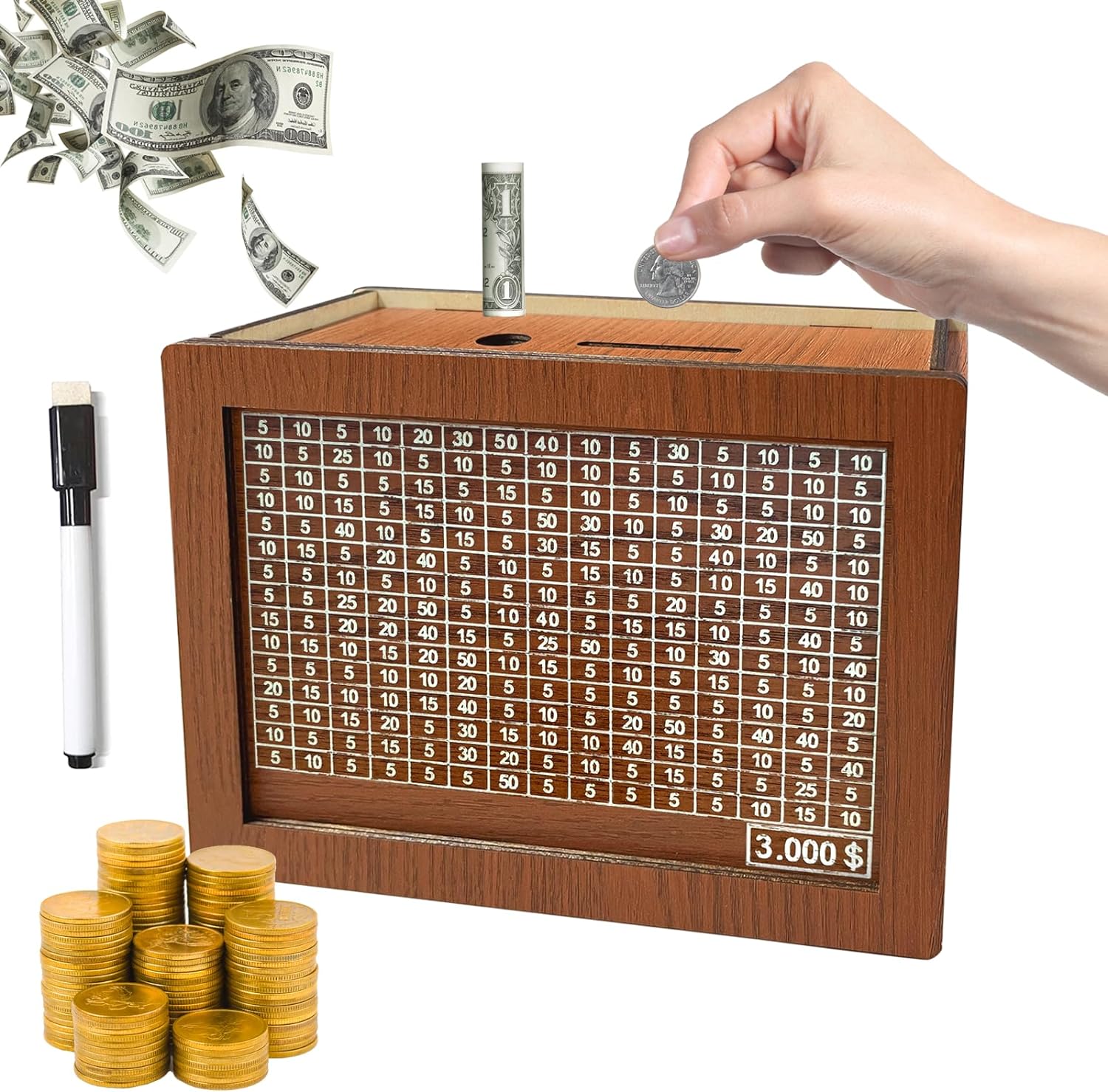 HeaCare Money Box with Counter,3000 USD Retro Reusable Wooden Money Box ...