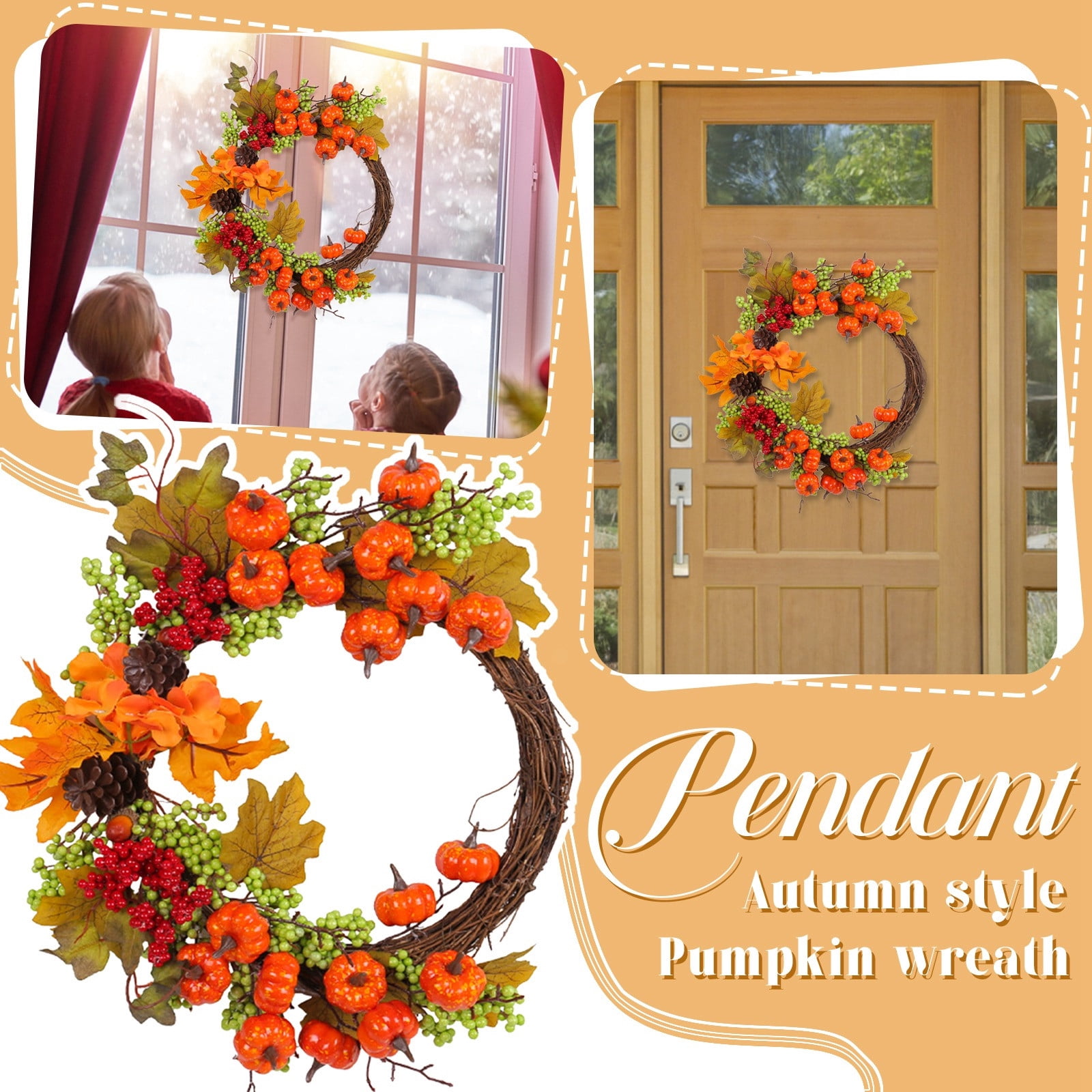 HeaDream Door Wreath Pumpkin Wreaths for Front Door, Autumn Vine Wreath ...