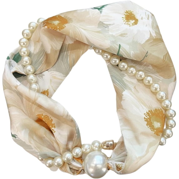 Head Scarf, Magnetic Clasp Pearls Chain Necklace Floral Satins Scarf ...