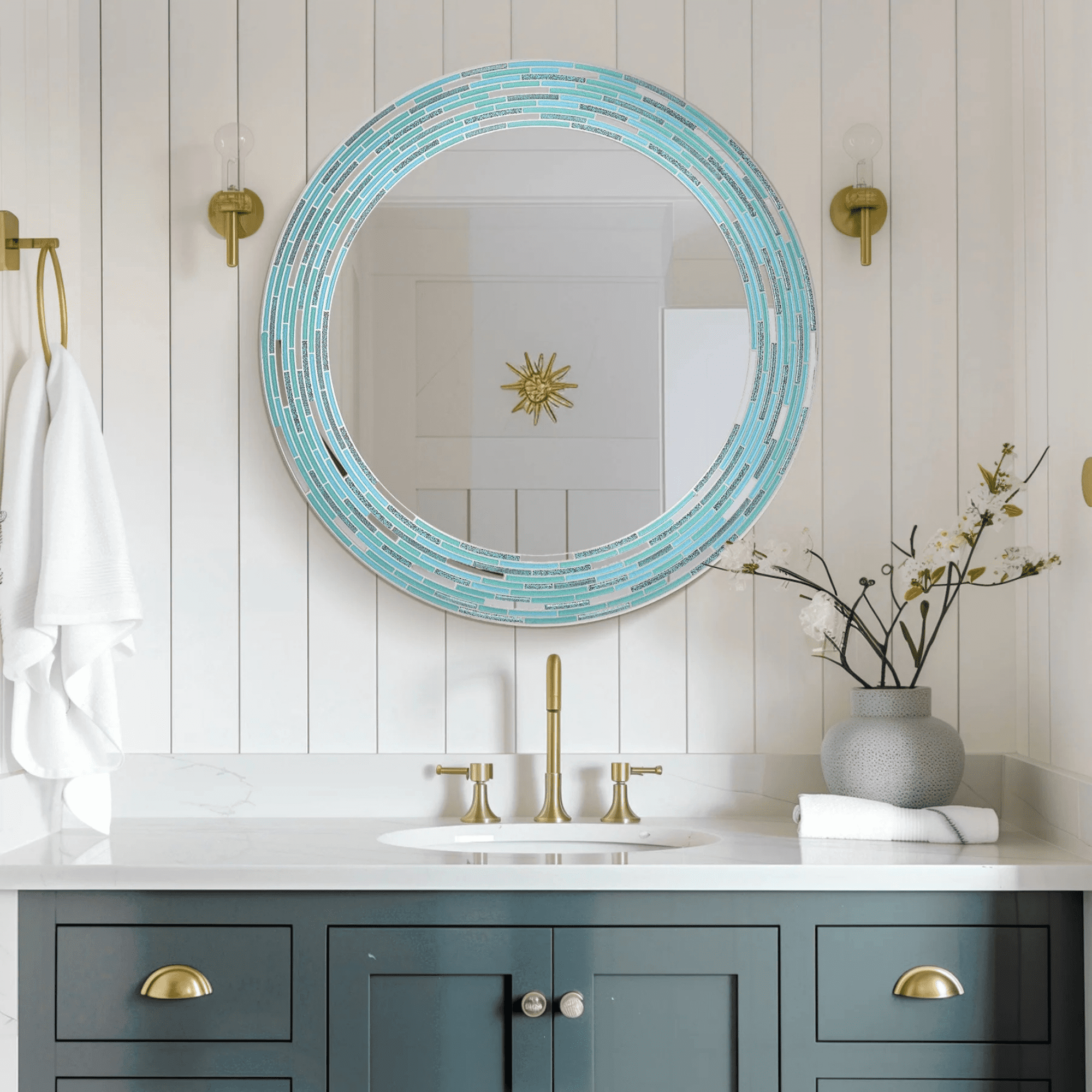 Head West Mosaic Printed Reeded Tiled Sea Glass Aqua Blue Round Wall ...