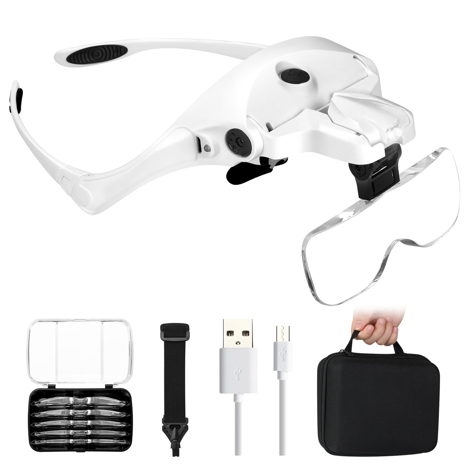 Illuminated Head Magnifier with Light, 1X-3.5X, USB LED, Storage Case ...