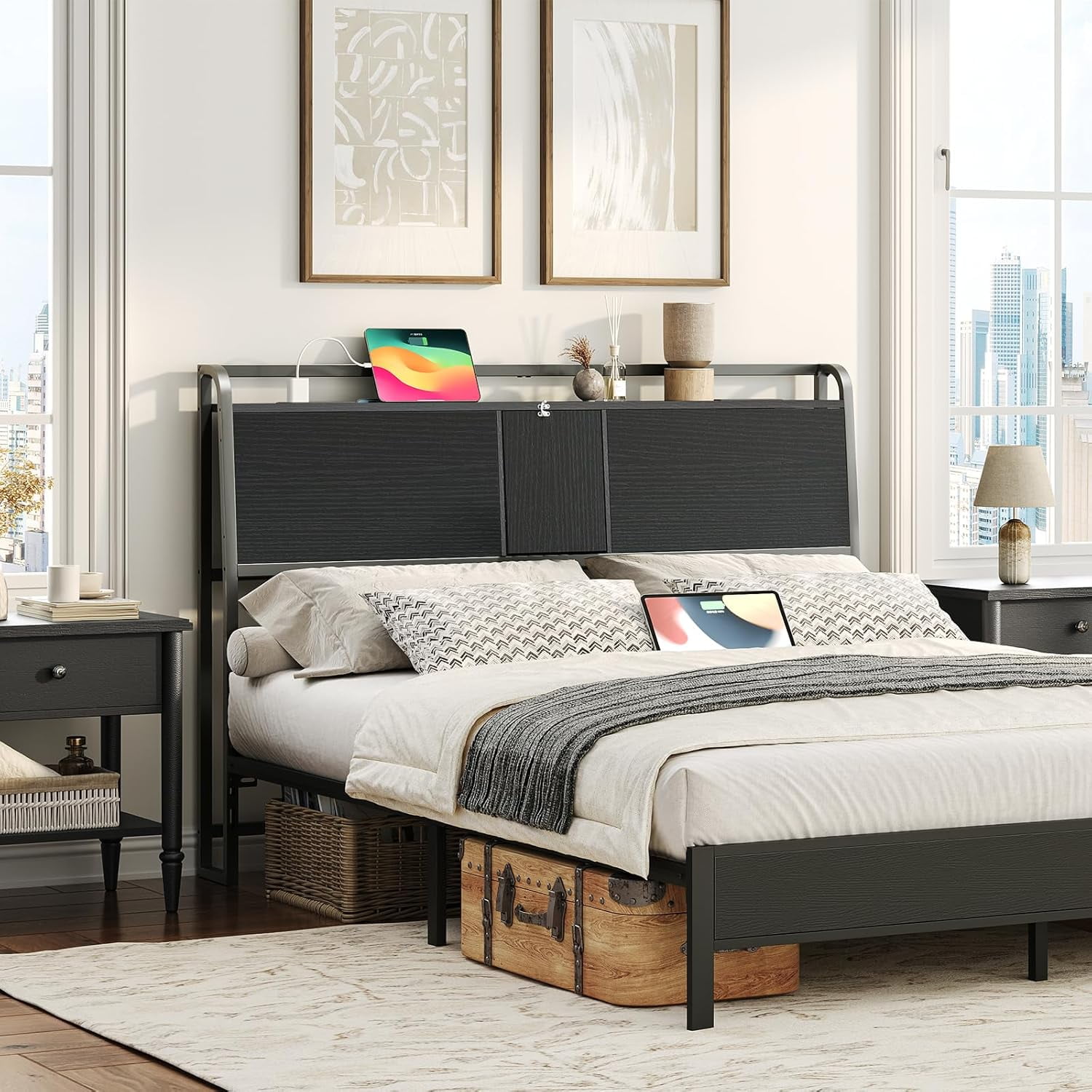 Headboard Queen Size, Headboard with 4 Outlets and 4 USB Ports ...