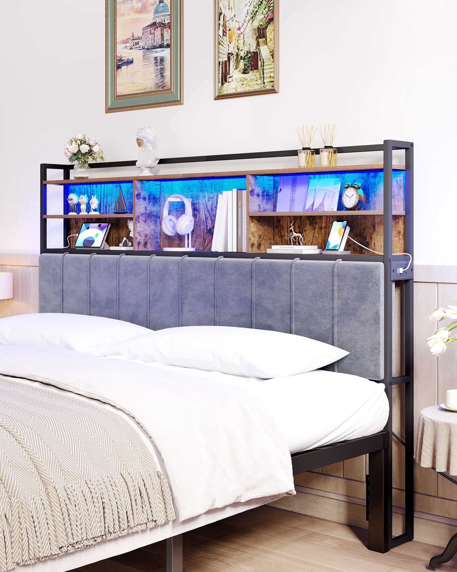 Headboard with 3-Tier Storage Shelves, Upholstered Head Board with 2 ...