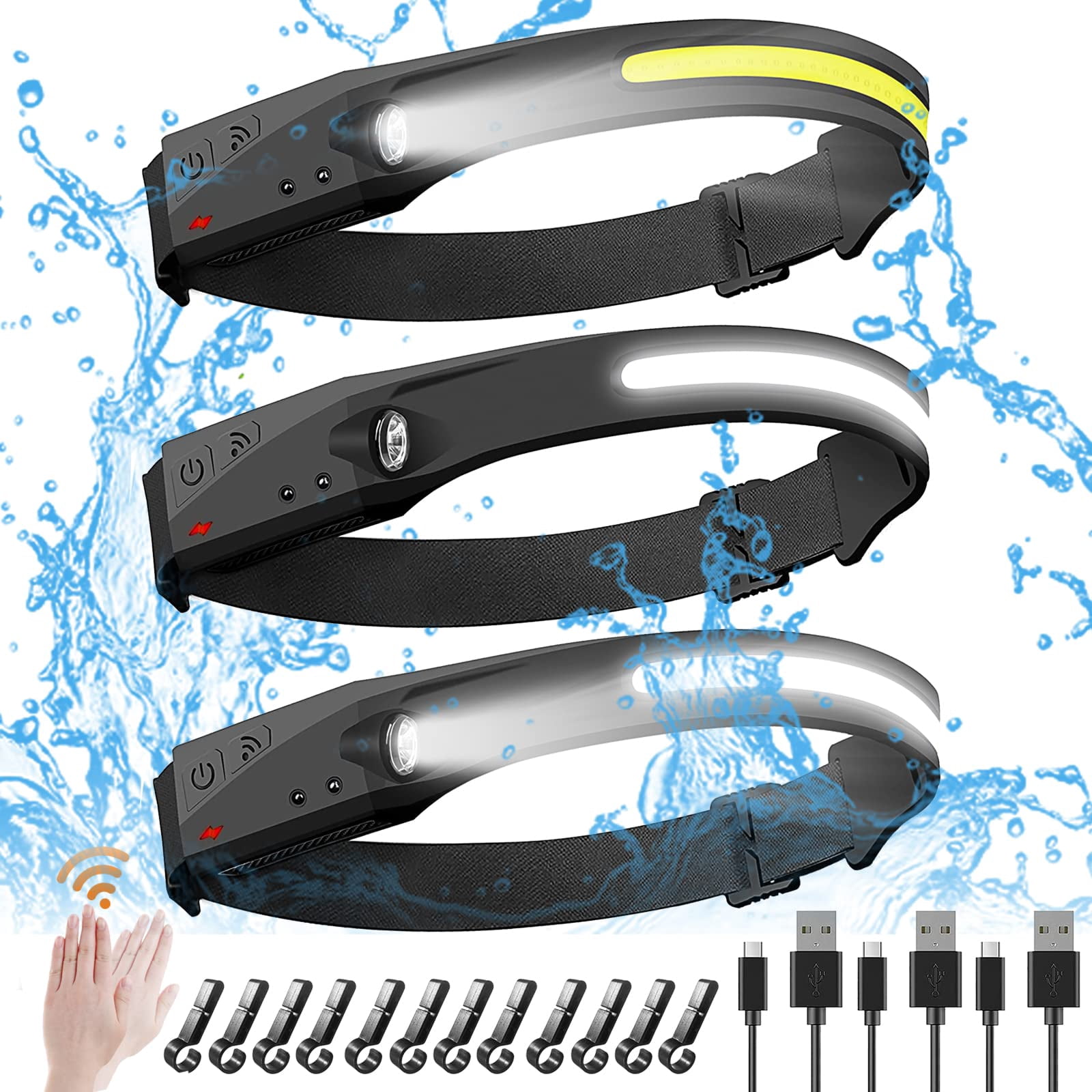 Headlamp 3 Pack, Rechargeable 230° Wide Beam Headlamps, 5 Lighting ...