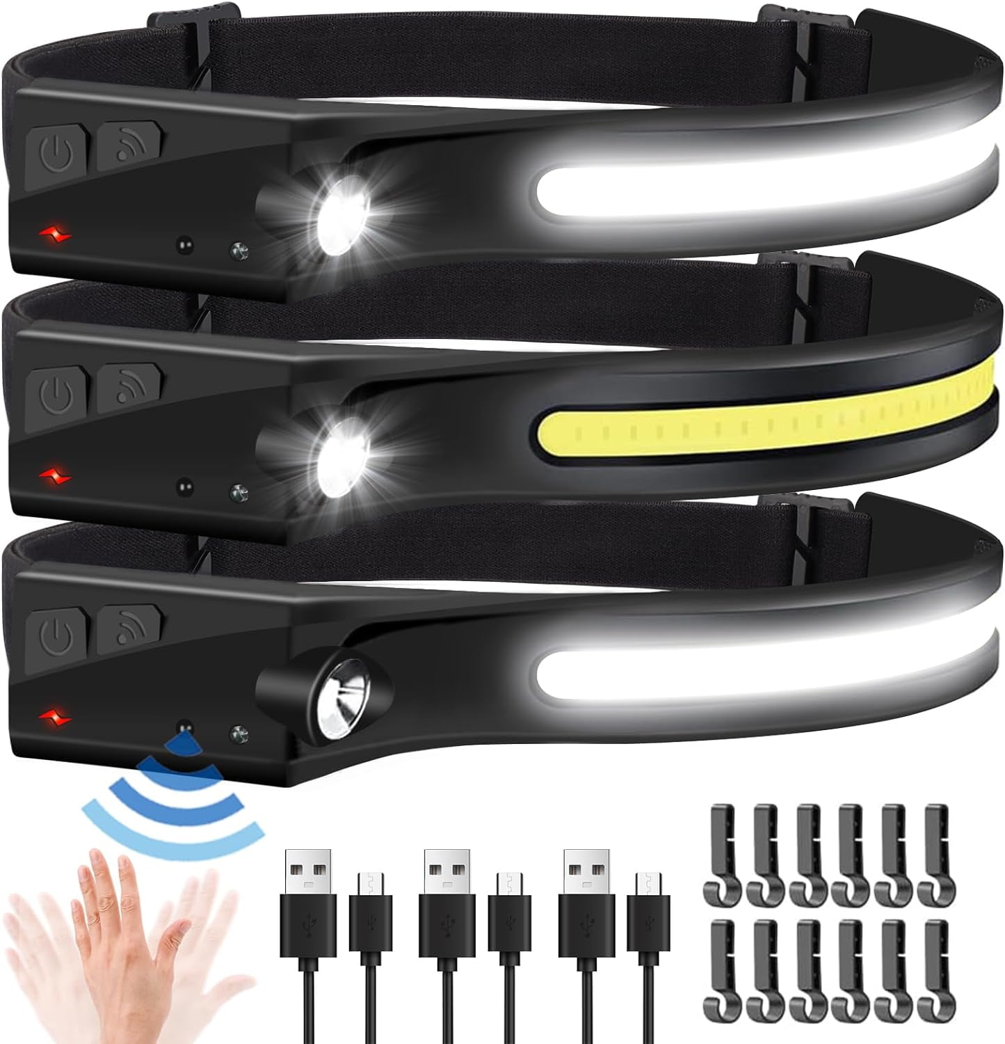 Headlamp Flashlight, 3Pack Rechargeable LED Headlamps 1200Lumens 2 COB ...