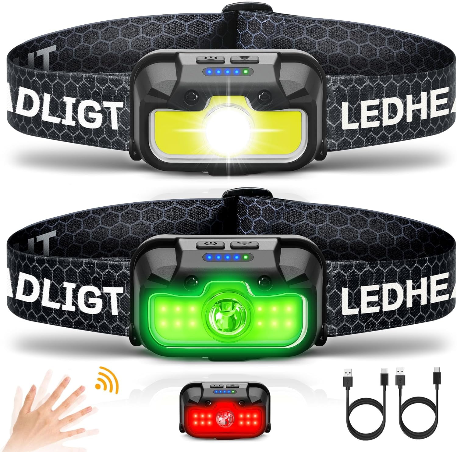 Headlamp Rechargeable 2 Pack, 1300 Lumen Ultra-Bright Head Lamp with ...