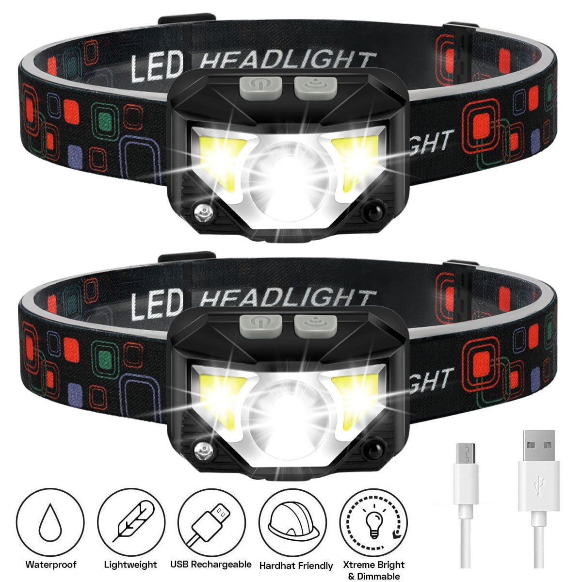 Headlamp Rechargeable, 2-Pack Outdoor USB Forhead Light, 1100 Lumen ...